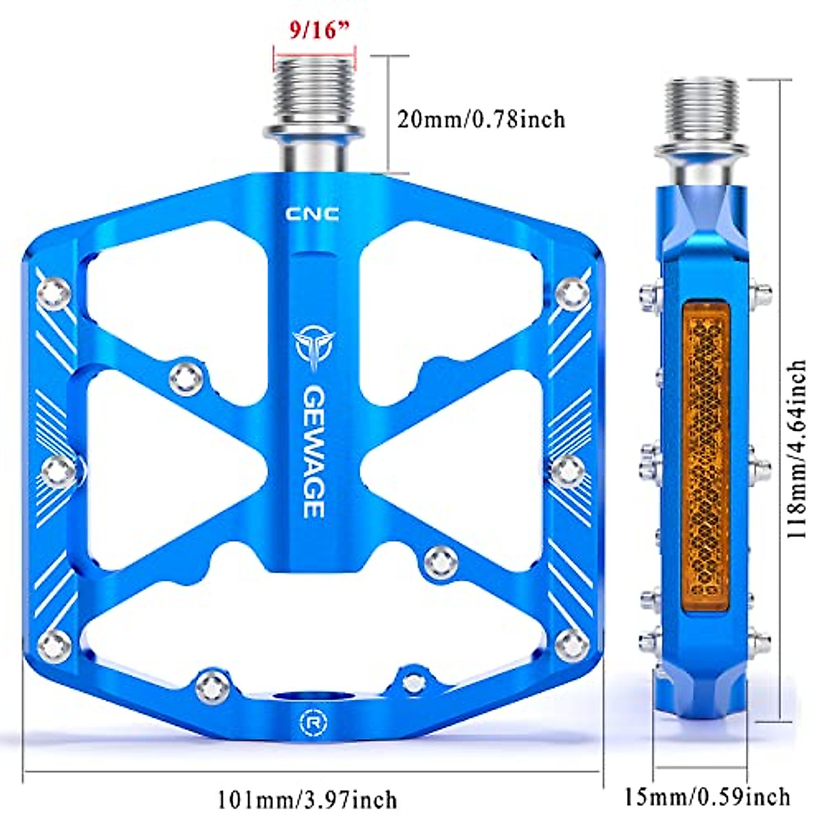 Bike Pedals 9/16 Inch - Bicycle Pedals with Reflectors - 3 Sealed Bearings MTB Pedals Wide Platform Pedals for Mountain Bike, BMX, Road Bike Pedals (Blue)