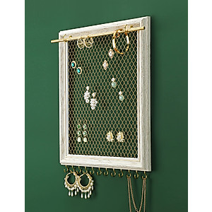 Heesch Hanging Earring Organizer Frame Wall Mounted Jewelry Holder Vintage Rustic Stud Earring Display with Removable Rod and 12 Hooks for Necklaces, Bracelets and Rings (Distressed White)