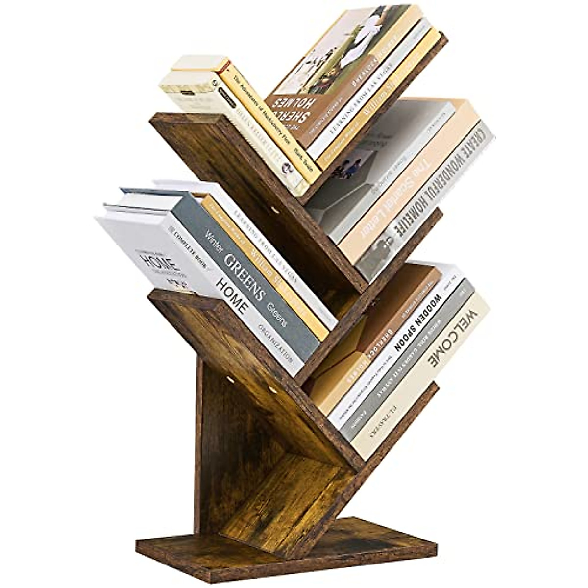 Hoctieon 2-Set Tree Bookshelf, Shelf Bookcase, Modern Book Storage, Free Standing Tree Bookcase, Utility Organizer Shelves for Home Office, Living Room, Bedroom, Rustic Brown(2 Pack)
