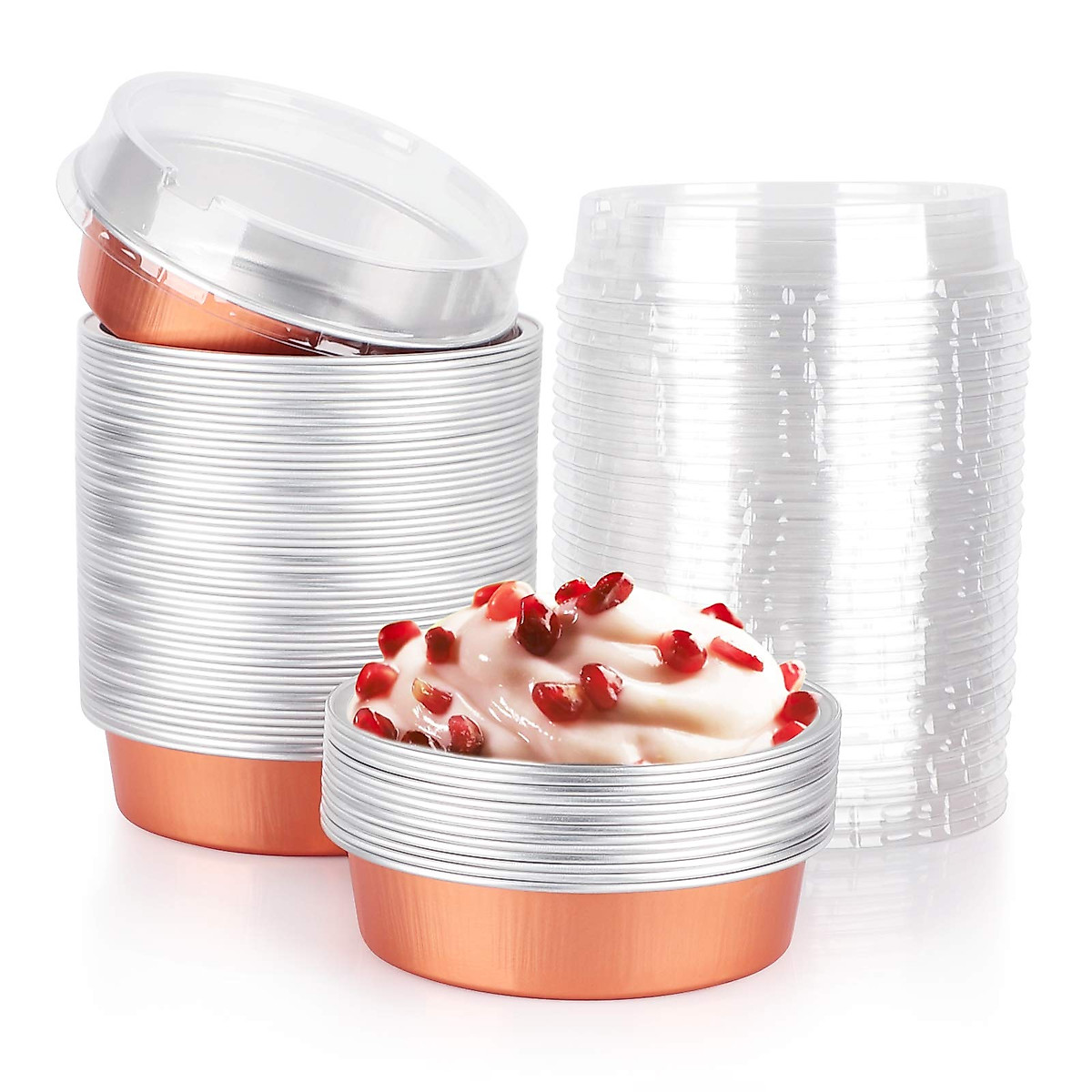 Beasea Mini Tart Pans, 8 Oz 50 Pack Disposable Pie Tins with Lids, 4 Inch Rose Gold Aluminum Pie Pan Cartoon Tin Tart Pans Round Oven Baking Mini Cake Pan for Pie Tart Quiche