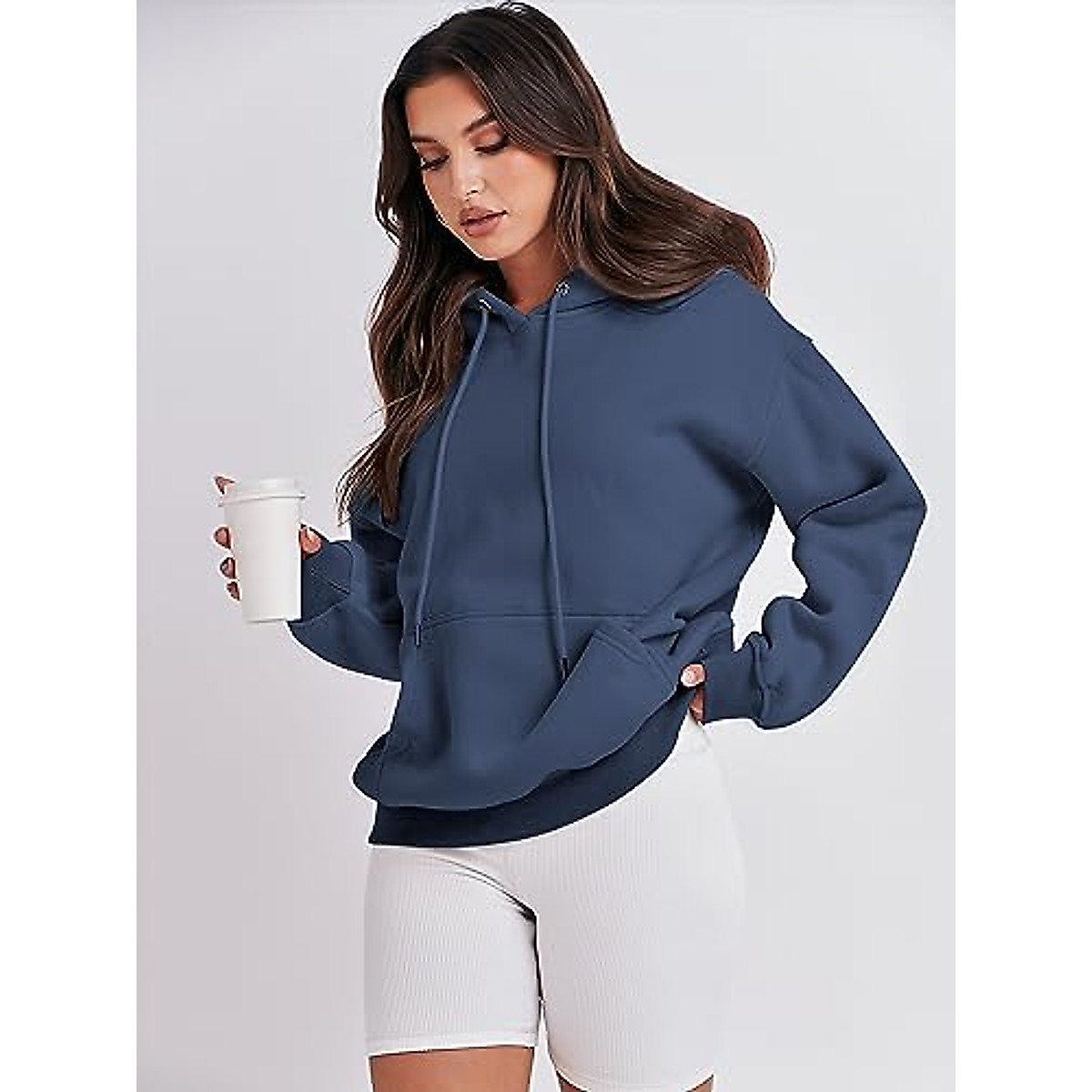 ANRABESS Women's Oversized Hoodies Long Sleeve Fleece Sweatshirts Solid Casual Hooded Pullover Kangaroo Pockets Loose Lightweight Fall Tops Y2K Clothes A1072dianlan-S Navy Blue