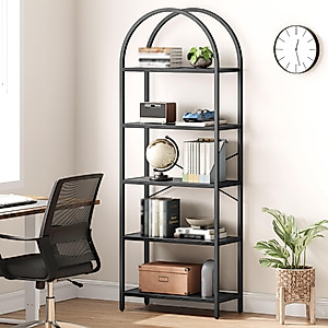 Arched Bookshelf, 5-Tier Open Bookshelf, Modern Bookcase Storage Shelves with Metal Frame, Freestanding Display Rack Tall Shelving Unit for Bedroom, Living Room, Home Office Black Frame + Black Board