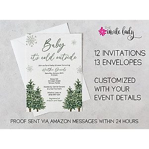 Baby It's Cold Outside Baby Shower Invitations Winter Invites Gender Neutral Unisex Trees Nature Green Snowflakes Snowfall Personalized Customized Custom Printed Cards (12 count)