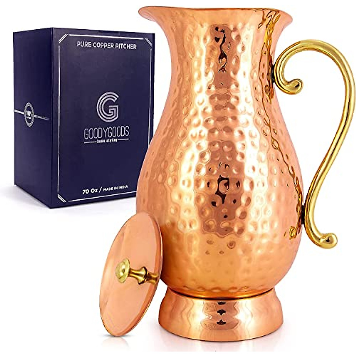 G GOODYGOODS Hammered Copper Water Pitcher, 70 fl oz. Handmade Hammered Copper Water Jug W/ Lid For Drinking & Homestyle Unique Gifts, 100% Heavy Duty Copper, No Inner Liner, Ayurveda Health Benefits.
