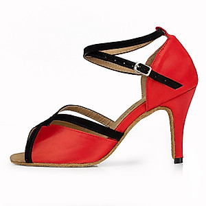 Minishion Satin Latin Dance Shoe for Women Ankle Strap Wedding Evening Heels L183 Red US 7