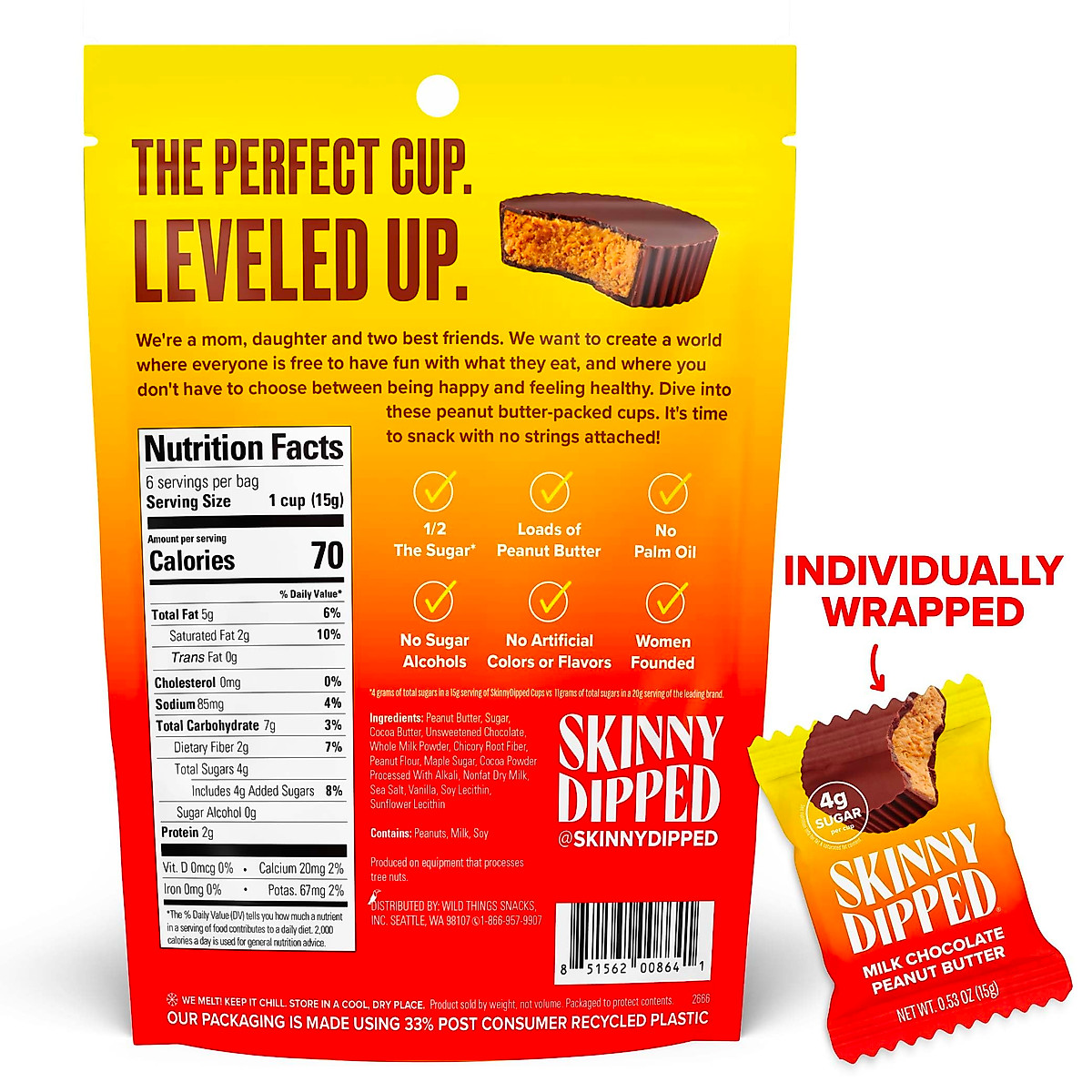 SkinnyDipped Milk Chocolate Peanut Butter Cups, 4g Sugar, Low Sugar, No Palm Oil, Gluten Free, 3.2oz Bag, 4 Pack (24 Cups Total)