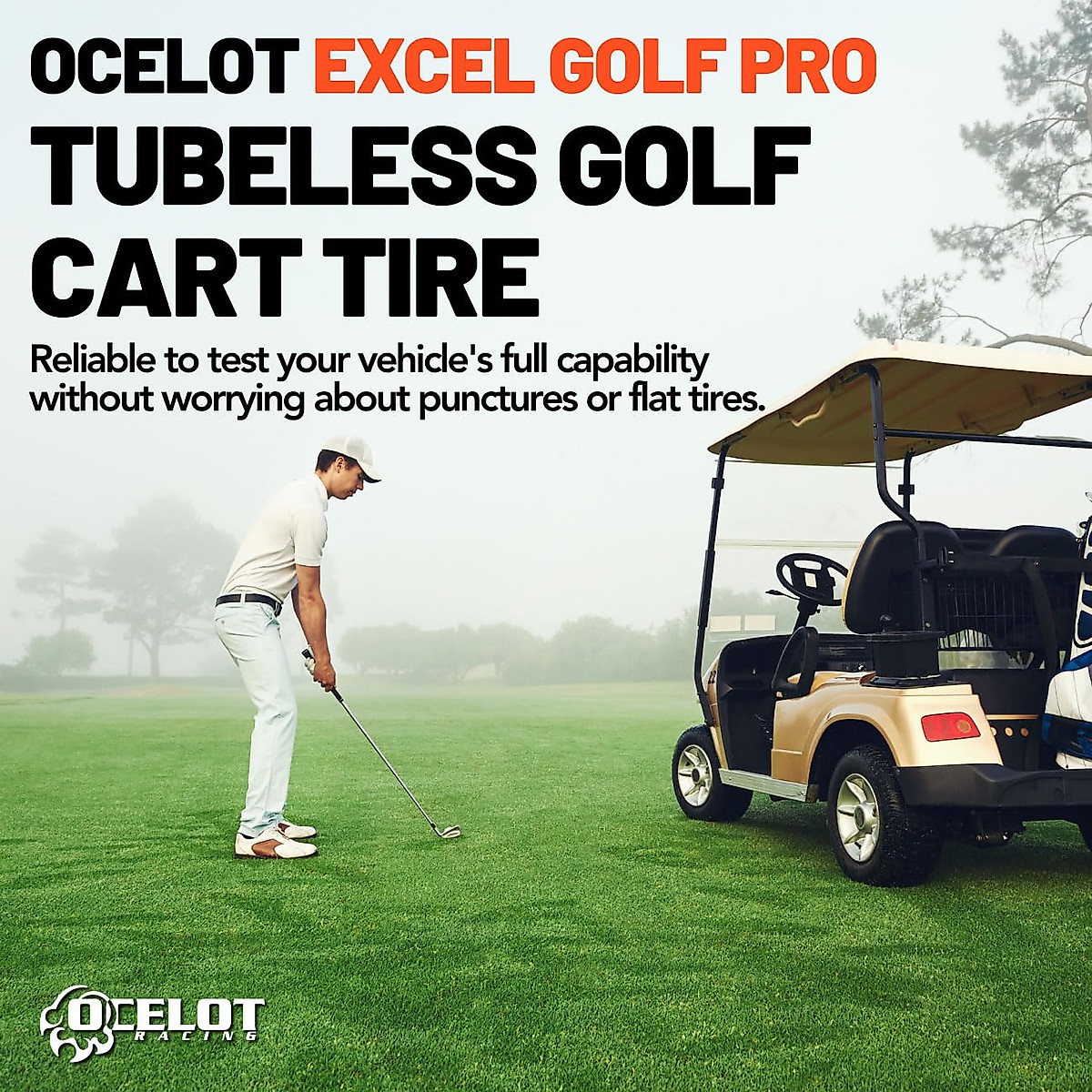 Ocelot Excel 18x8.5-8 Golf Cart Tires with White 8x7 4/4 2.5+4.5 Steel Wheel, Fits Club Car, Golf Carts With Stock Size 8x7 OEM Wheels, Tubeless tire, Turf Style Tread for Low Impact On Grass