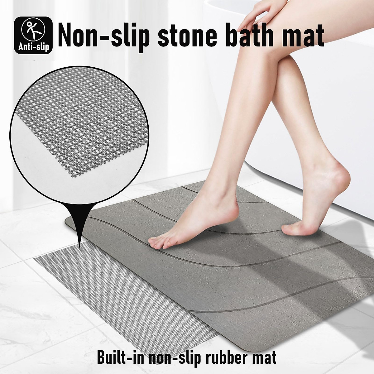 Stone Bath Mat, Diatomaceous Earth Bath Mat Non-Slip Super Absorbent Quick Drying Bathroom Floor Mat Stone Shower Mat, Natural, Easy to Clean (23.6" x 15.7", Dark Grey)