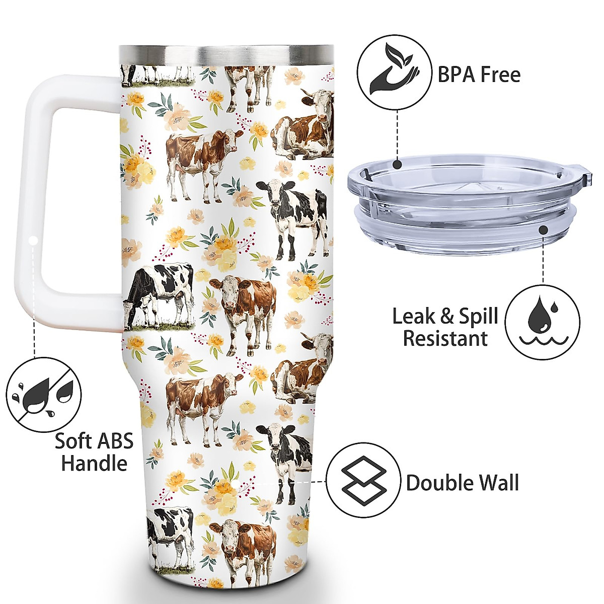 thmasamwr Cow Print Tumbler with Lid and Straw, Stainless Steel 40oz Tumbler with Handle, Cow Print Travel Coffee Mug Water Bottle, Highland Cow Gifts Cups for Women and Girls