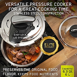 Universal 6.3 Quart / 6 Liter Stainless Steel Easy Use Pressure Cooker + Extra Glass Lid, Induction Compatible, Pressure Cooker & Multipurpose Pot, 7 servings, Pressure Canner