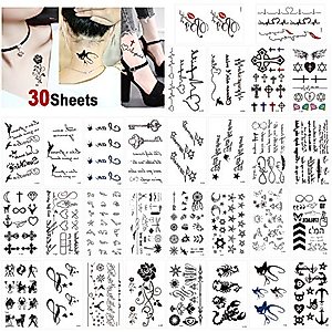 Konsait Temporary Tattoos for Adult Women Men Kids(30 Sheets), Waterproof Temporary Tattoo Fake Black Tiny Tattoos Body Art Sticker Hand Neck Wrist Cover Up Set
