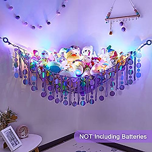 FIOBEE Stuffed Animals Hammock Net Toy Storage Organizer with LED Light, Stuffed Animals Storage Girls Room Décor Wall Hanging with Sequins for Kids Bedroom Nursery Playroom, Purple