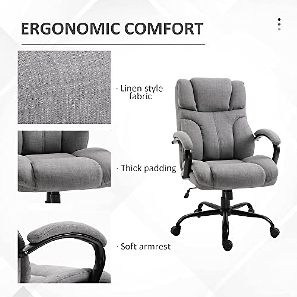 Vinsetto 500lbs Big and Tall Office Chair with Wide Seat, Ergonomic Executive Computer Chair with Adjustable Height, Swivel Wheels and Linen Finish, Light Grey
