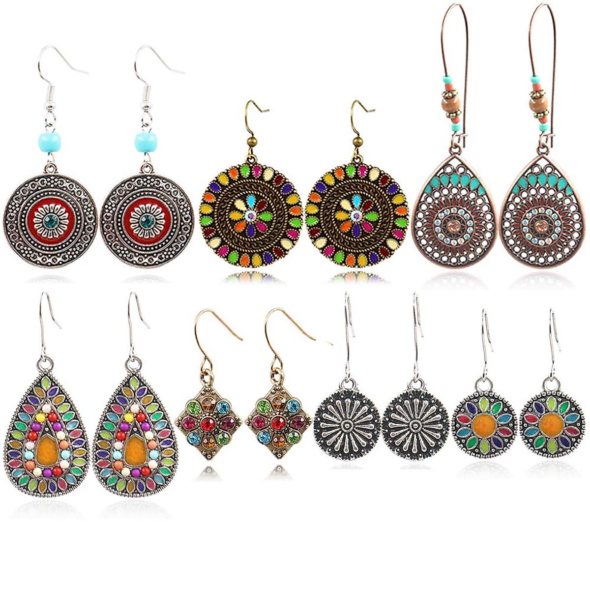 7 Pairs Vintage Bohemian Earrings Set National Retro Rhinestone Ear Stud Eardrop Drop Dangle Earrings Statement Earrings Long Boho Earrings for Women