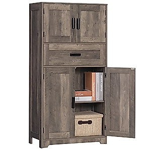 Quimoo Tall Bathroom Cabinet, Bathroom Storage Cabinet with Large Drawer & Adjustable Shelf, Bathroom Storage Cabinet with 4 Doors for Living Room, Bedroom, Home Office, Grey Wash