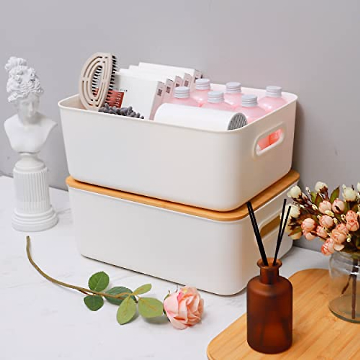 Citylife 2 PCS Storage Bins with Bamboo Lids Plastic Storage Containers for Organizing Stackable Storage Box with Handle, 15.12 x 10.67 x 5.98 inch