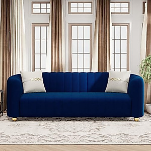 yunqishi KEAI 83.46" Velvet Couch for Living Room Large Modern Sofa with Gold Metal Sphere Legs Office Upholstered Comfy 3 Seater Couches Cute Sherpa Bedroom Furniture (Blue)