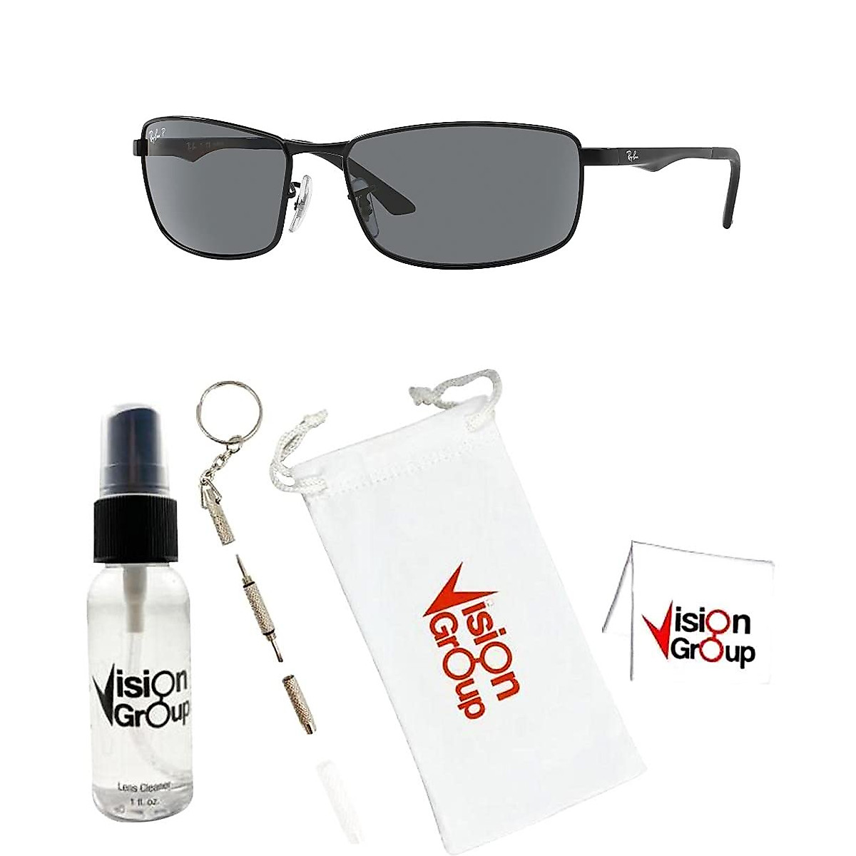 Ray-Ban RB3498 Sunglasses + Vision Group Accessories Bundle (Matte Black/Grey Polarized (006/81), 61, Millimeters)
