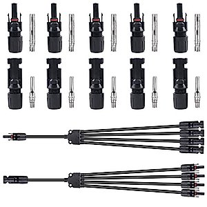 Glarks 22Pcs Cable Connectors Solar Panel Extension Adaptor Y Branch 1 to 4 Parallel Adapter Cable Wire Plug and 5 Pair Male/Female Solar Panel Cable Connector Set for Solar Panels (M/FFFF + F/MMMM)
