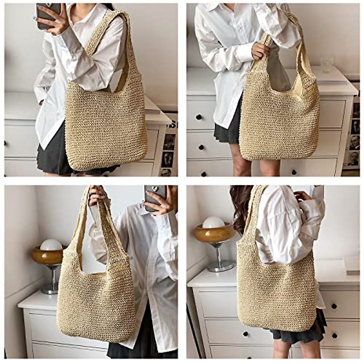 QTKJ Hand-woven Soft Large Straw Shoulder Bag Boho Straw Handle Tote Retro Summer Beach Bag Rattan Handbag (Beige)