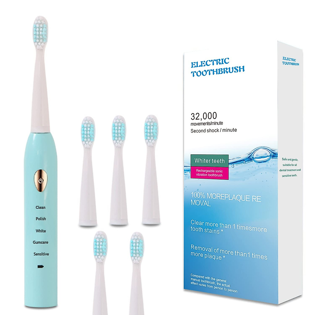 AIPOEXUNO Electric Toothbrush 5 Brush Heads Adults and Kids, Rechargeable Sonic Toothbrush, 5 Modes Optional, USB Fast Charge Powered Toothbrush Last 30 Day,2 Minute Smart Timing Reminder (Bule)