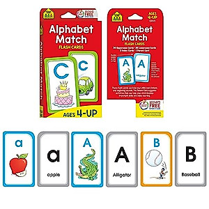 School Zone - Alphabet 4-Pack Flash Cards - Ages 3+, Preschool, Kindergarten, Go Fish Alphabet, Three-Letter Words, Alphabet Match, Lowercase & Uppercase Letters, Letter-Picture Recognition, and More