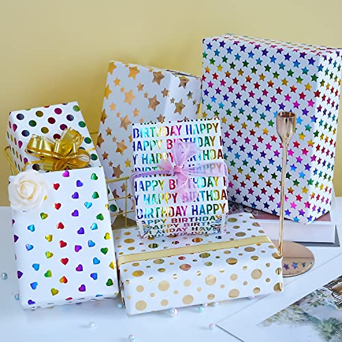 Gift Wrapping Paper Birthday, 6 Sheets Metallic Foil Wrapping Paper Set Colorful Gold Heart Dots Star Happy Birthday Wrapping Paper for Women Men, Gift Wrapping Paper for Any Occasions, 27x19 Inches