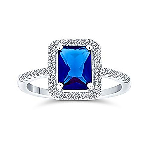 Bling Jewelry 3CT AAA CZ Pave Band Rectangle Solitaire Halo Blue Simulated Sapphire Emerald Cut Engagement Ring For Women .925 Sterling Silver
