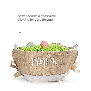Personalized Easter Egg Basket with Handle and Custom Name in White Script | Scallop Edge Burlap Easter Basket Liners | White Basket | Woven Easter Baskets for Kids Adults | Customized Easter Basket