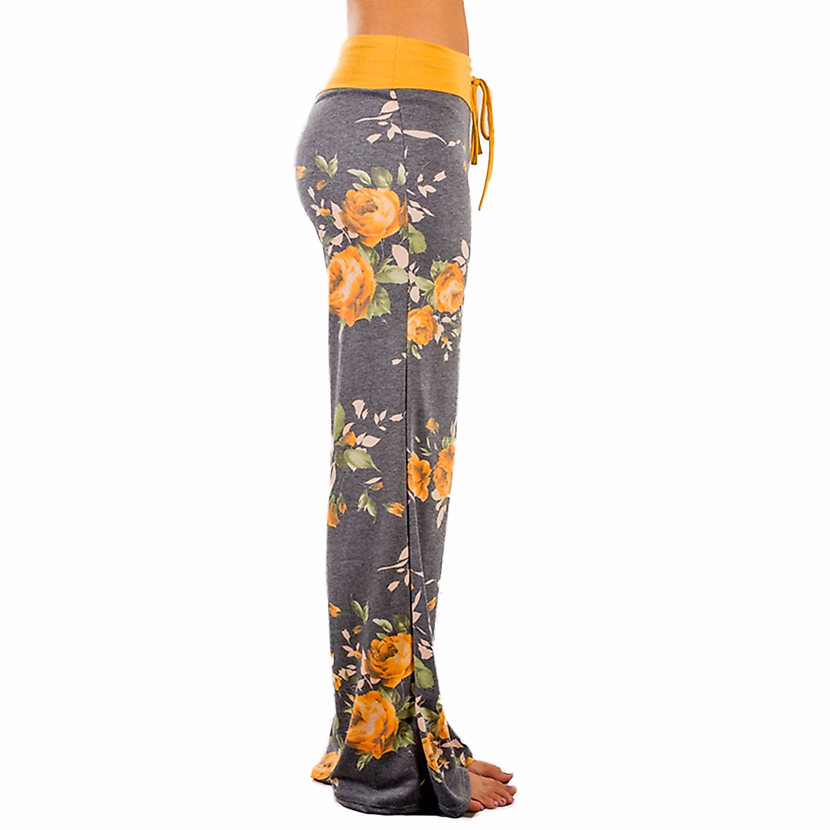 iChunhua Women's Comfy Stretch Floral Print Drawstring Palazzo Wide Leg Lounge Pants(XL,Yellow)