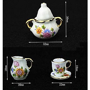 EatingBiting Collection Level 1:12 Elegant Flora Miniature Mini House Porcelain Tea Dish, Teapot, Cup, Plate Craft Set, DIY Scene Home Furniture Accessories
