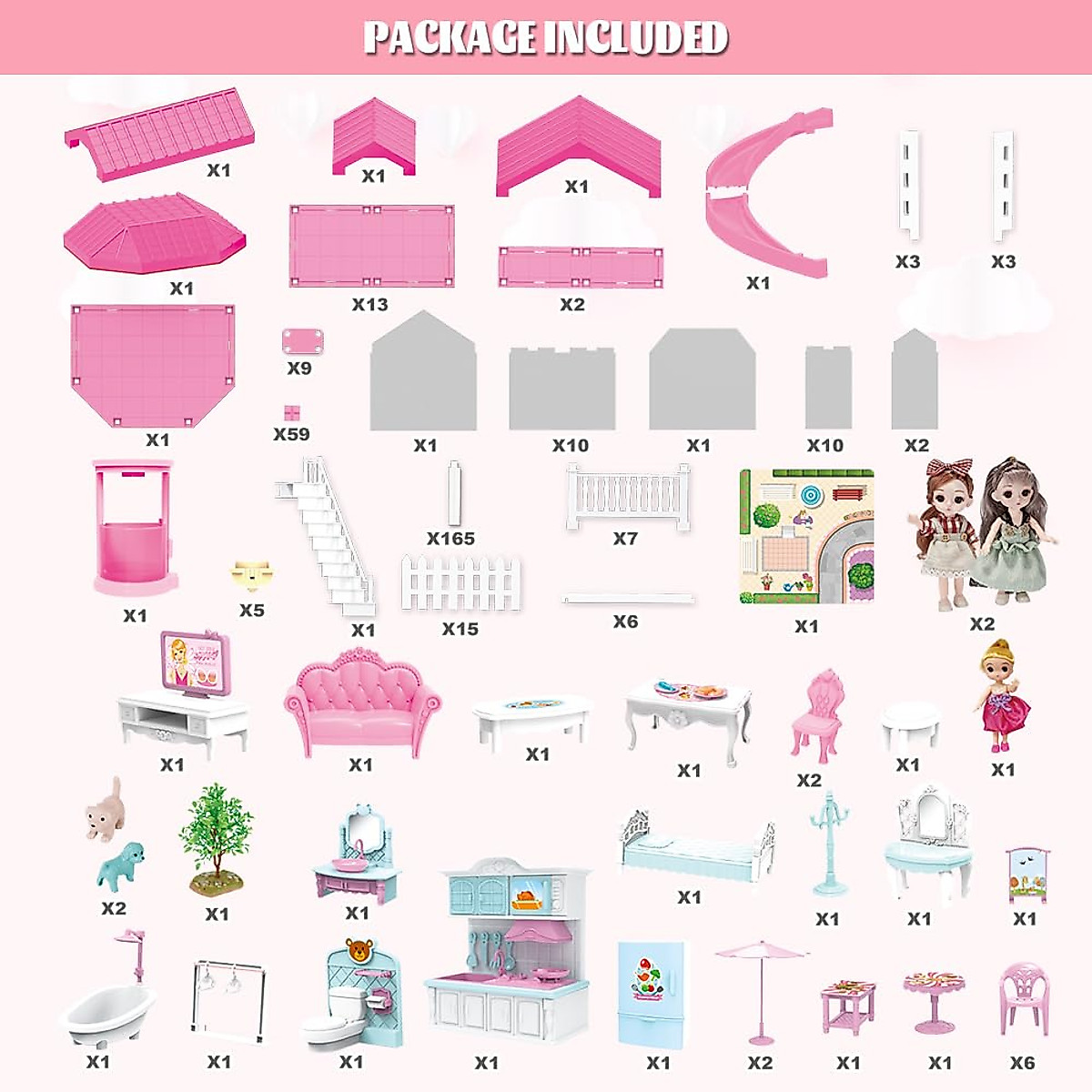 Doll House Playset with Elevator,Slide,Stairway,Lights,Furniture,Accessories,Pretend Play Dollhouse with 3 Dolls& 2 Pets,Doll House for 3 4 5 6 7 8 Year Old Kids Girls (13 Rooms)