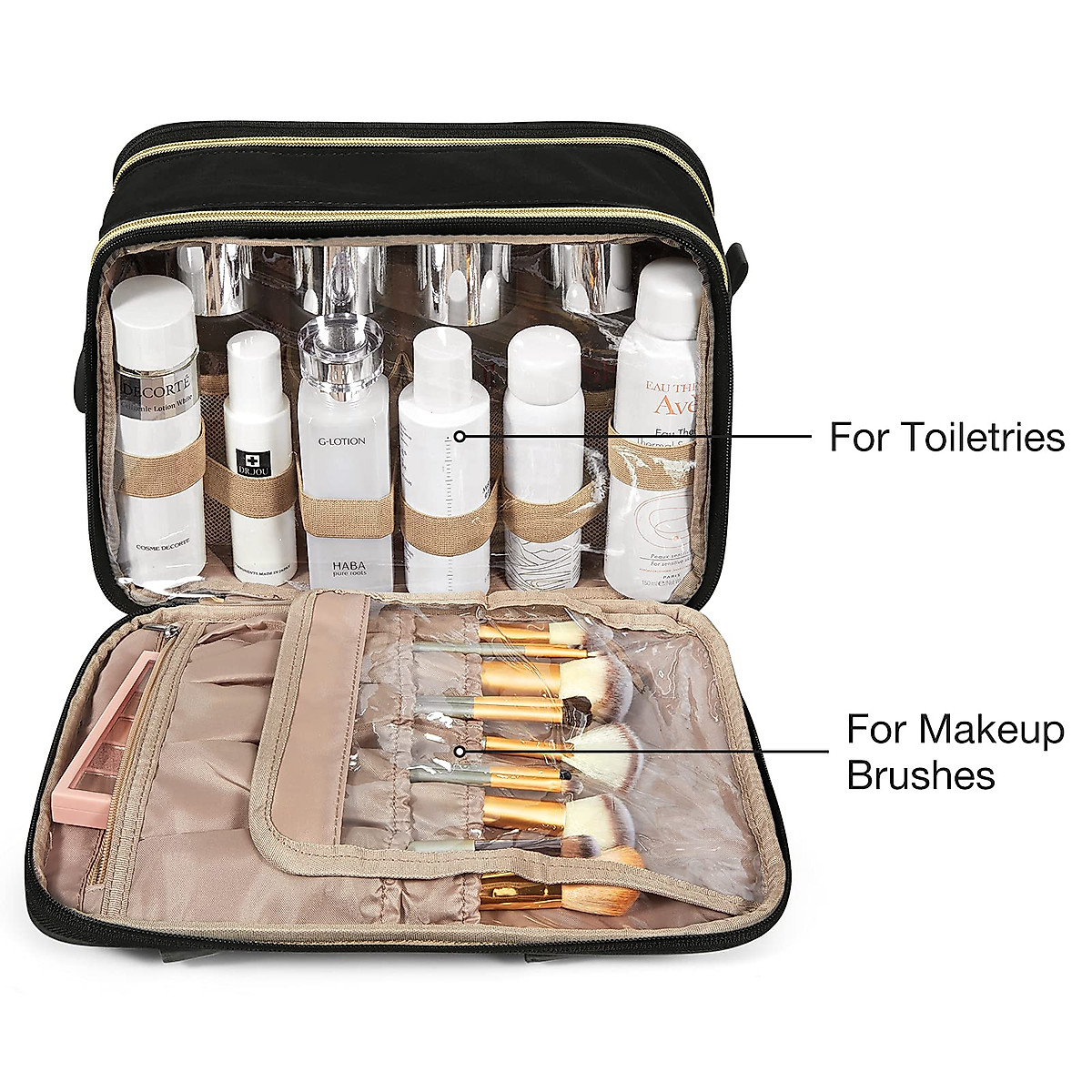 BAGSMART Large Toiletry Bag, Travel Makeup Organizer, Water-resistant Makeup Cosmetic Bag Door Room Essentials Travel Bag for Accessories, Shampoo, Full Sized Container, Toiletries (Black, Large)