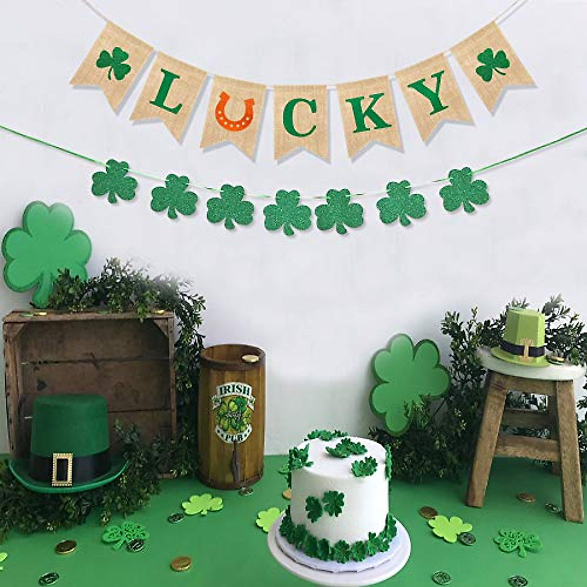 Uniwish Lucky Shamrock Banner Garland St. Patricks Day Decorations for Mantel Fireplace Wall Hanging Decor Irish Party Supplies