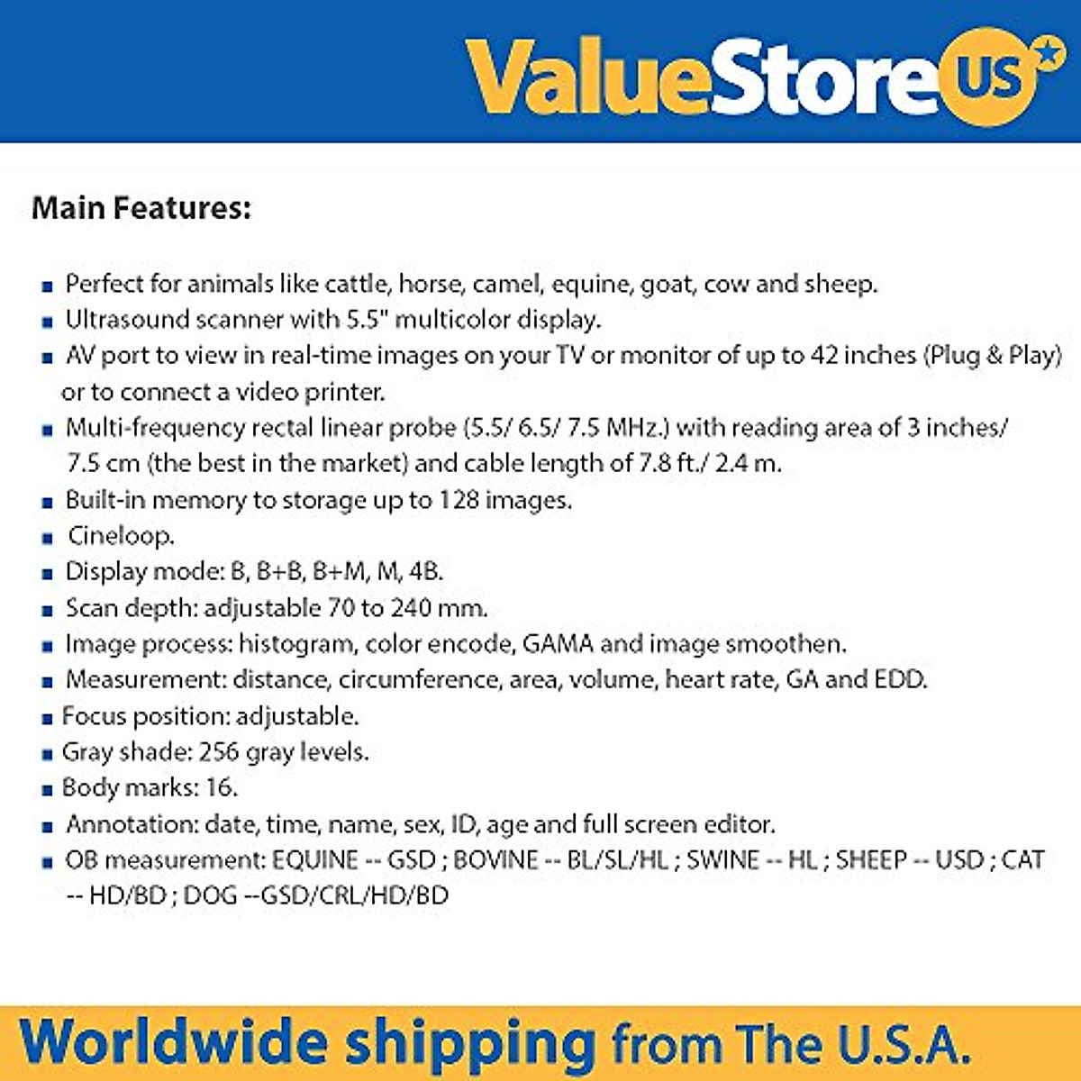 Portable Ultrasound Scanner Veterinary Pregnancy V16 with 7.5 MHz Rectal Probe for Cattle, Horse, Camel, Equine and Cow.