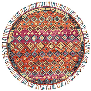 SAFAVIEH Aspen Collection Area Rug - 5' Round, Orange & Fuchsia, Handmade Boho Braided Tassel Wool, Ideal for High Traffic Areas in Living Room, Bedroom (APN138A)
