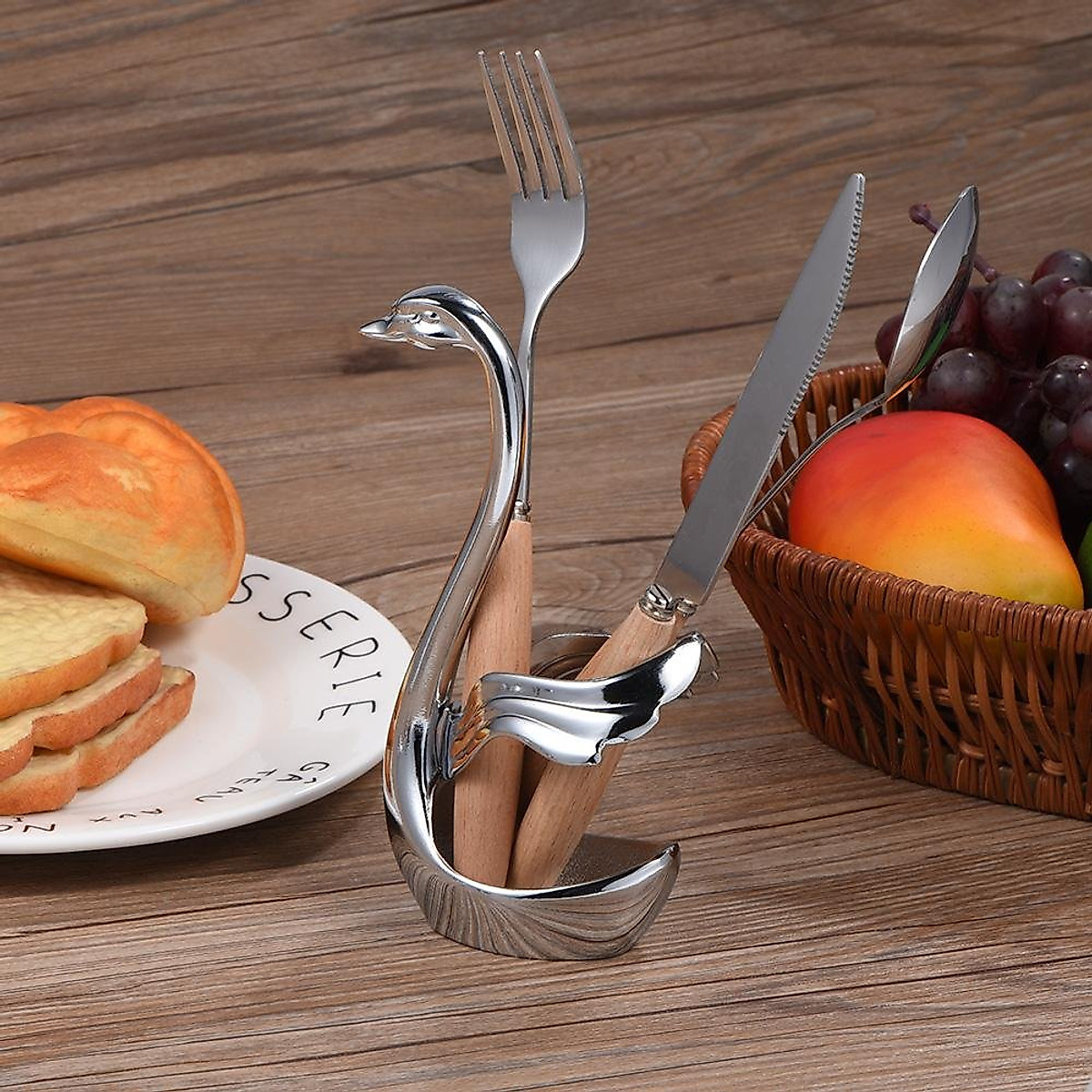 Spoon Holder, Swan Shaped Stainless Steel Kitchen Coffee Utensils Tableware Set Fork Spoon Stand Holder for Business Gifts Wedding Fairs(Wing-Shaped)