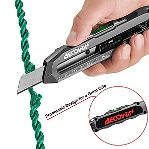 BECOWIN Multipurpose Utility Knife with Level and Ruler, Heavy Duty Metal Retractable Box Cutter Knife, 18MM SK5 Blade, Safety Lock Design for Measuring, Cutting Cartons, Cardboards and Boxes