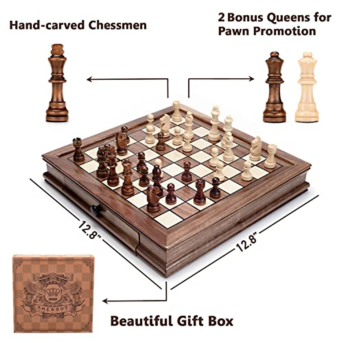 AMEROUS Magnetic Wooden Chess Set, 12.8" x 12.8" Chess Board Game with 2 Built-in Storage Drawers - 2 Bonus Extra Queens - Chess for Beginner, Kids and Adults, Gift Packaging