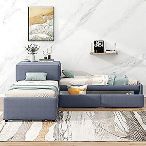 CITYLIGHT Upholstered L-Shaped 2 Twin Beds with Trundle and Storage Drawers, Wood Linen Corner Bed Linked with Built-in Flip Desk for Kids Girls Boys Teens Bedroom, Gray