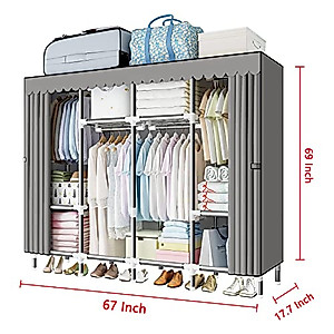 LOKEME 67 Inch Bundle with 55.5 Inch Portable Wardrobe Closet, Closet Oraganizr with 6 Hanging rods, Dust-Proof Cover, Non-Woven Fabric, Gray