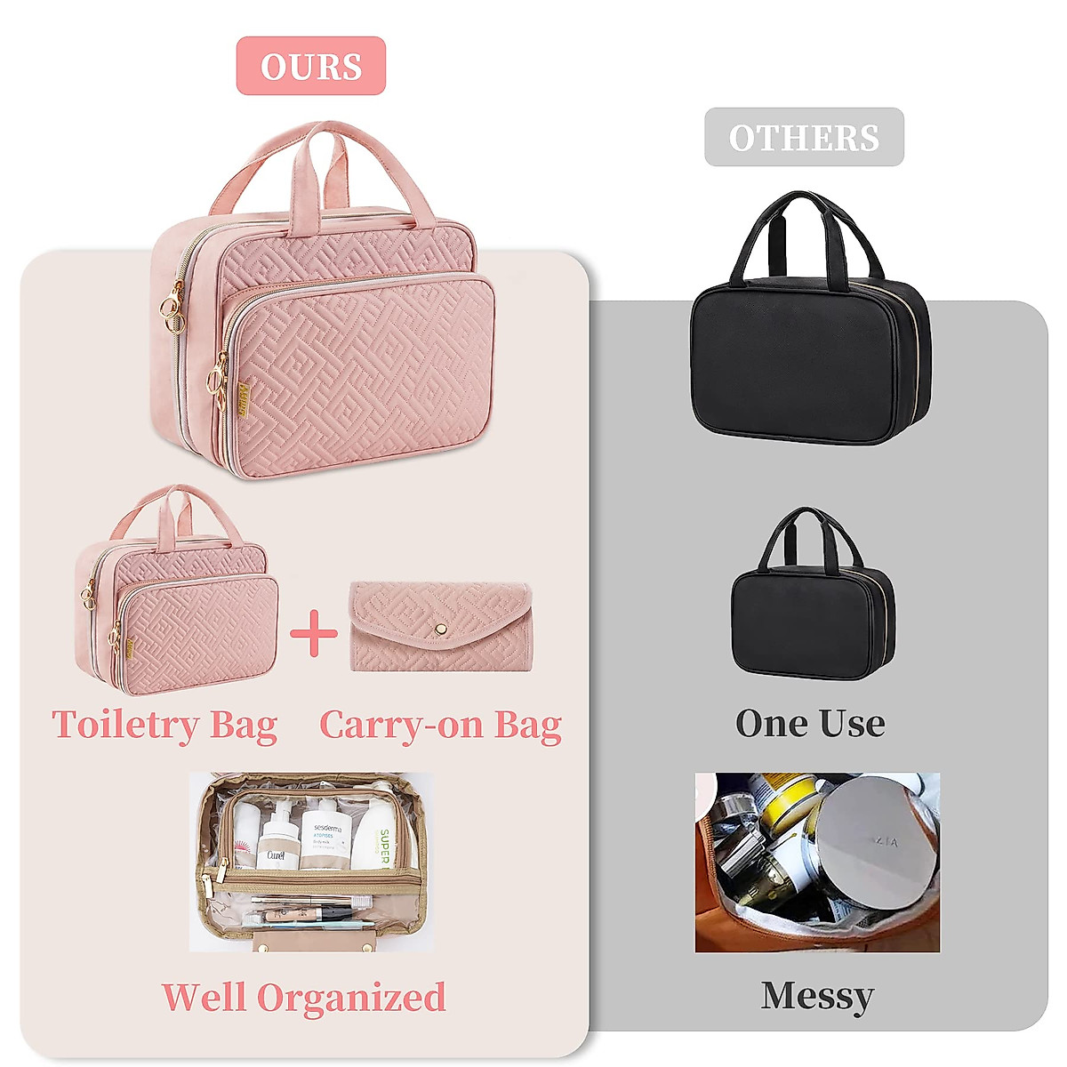 YAMIU Toiletry Bag for Women, Travel Toiletry Bag with 5 Spacious Compartments & 360° Rotatable Stainless-steel Hook, Water-resistant Hanging Toiletry Bag for Toiletries, Cosmetics