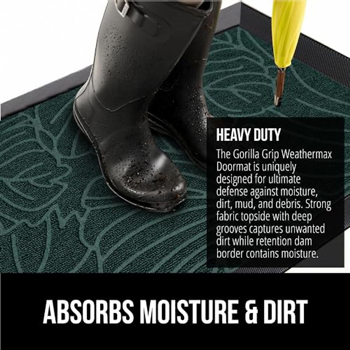 Gorilla Grip 100% Waterproof All-Season WeatherMax Doormat, Durable Natural Rubber, Stain and Fade Resistant, Low Profile, Indoor Outdoor Door Mats, Easy Clean Patio Entrance Mat, 17x29, Green Palm