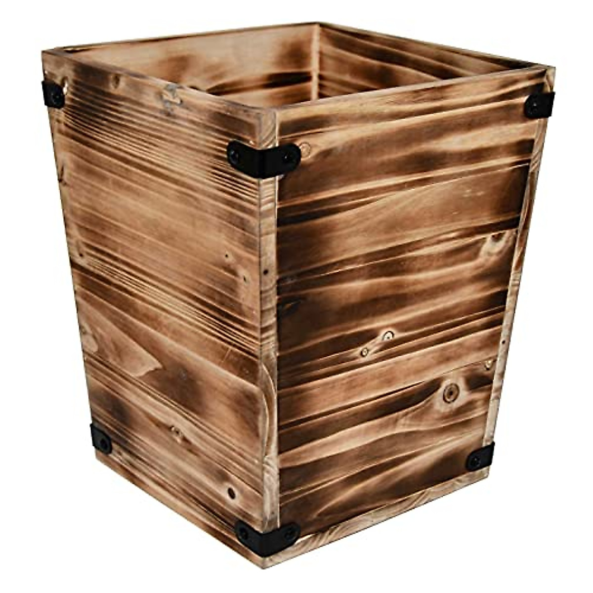 Owlgift Decorative Rustic Burnt Wood Trash Can, Farmhouse Stylish Wooden Waste Basket Near Desk, Square Garbage Cans Trashcan with Metal Brackets for Office, Bedroom & Bathroom