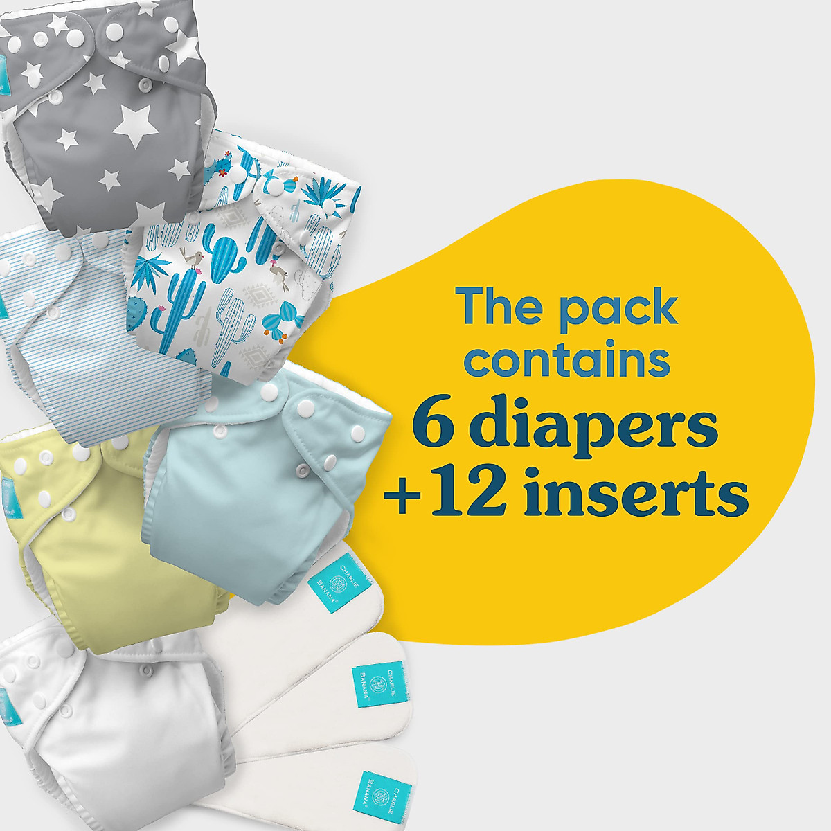 Charlie Banana Baby Washable and Reusable Cloth Diapers, 6 Soft Pocket Diapers and 12 Absorbent Inserts, One-Size, Cactus Star