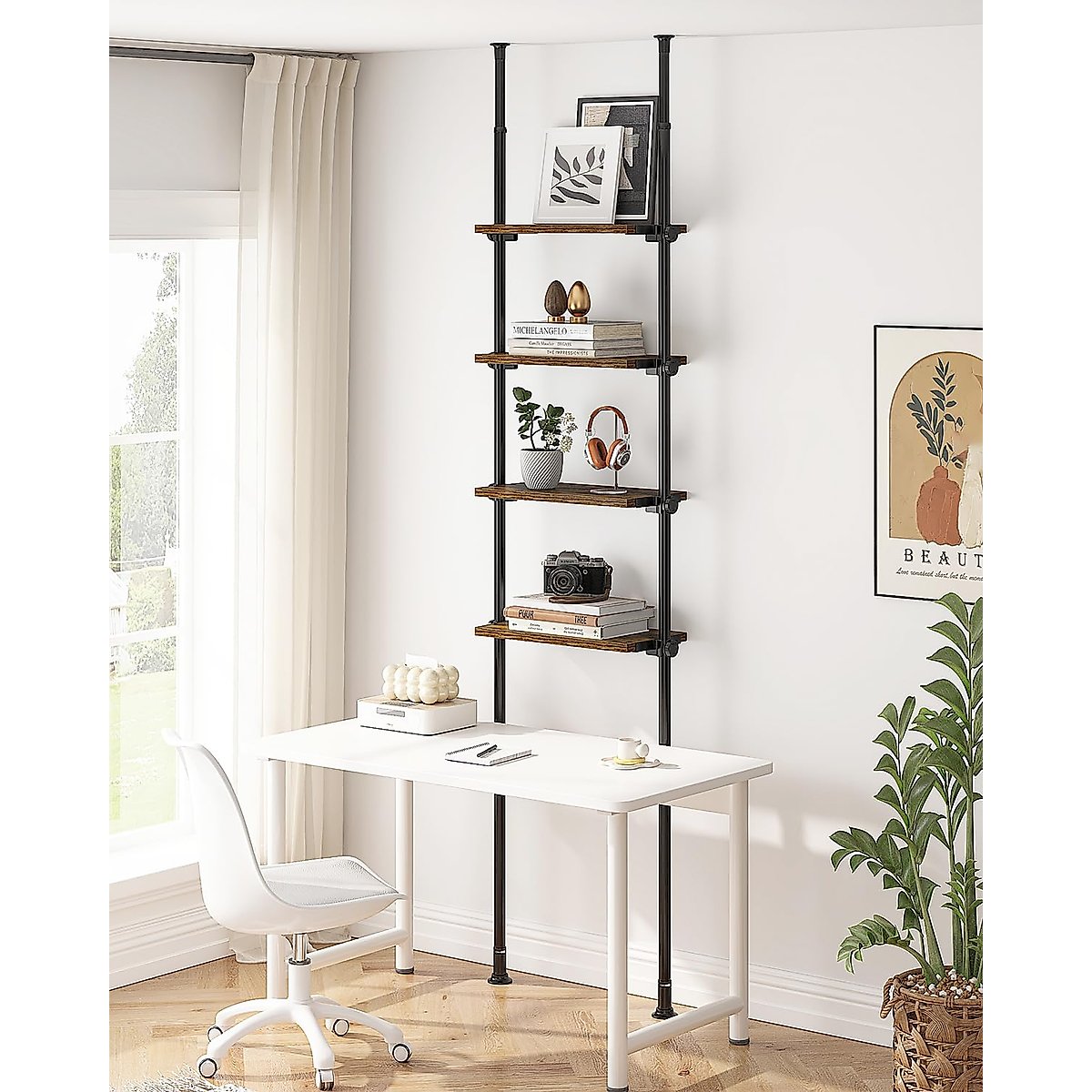 ALLZONE Adjustable Tall Narrow Bookshelf for Bedroom,4-Tier Ladder Bookshelf for Small Spaces,Tension Mount Small Book Shelf and Tall Bookcases, 64 to 113Inch Height Skinny Bookshelf with Open Storage