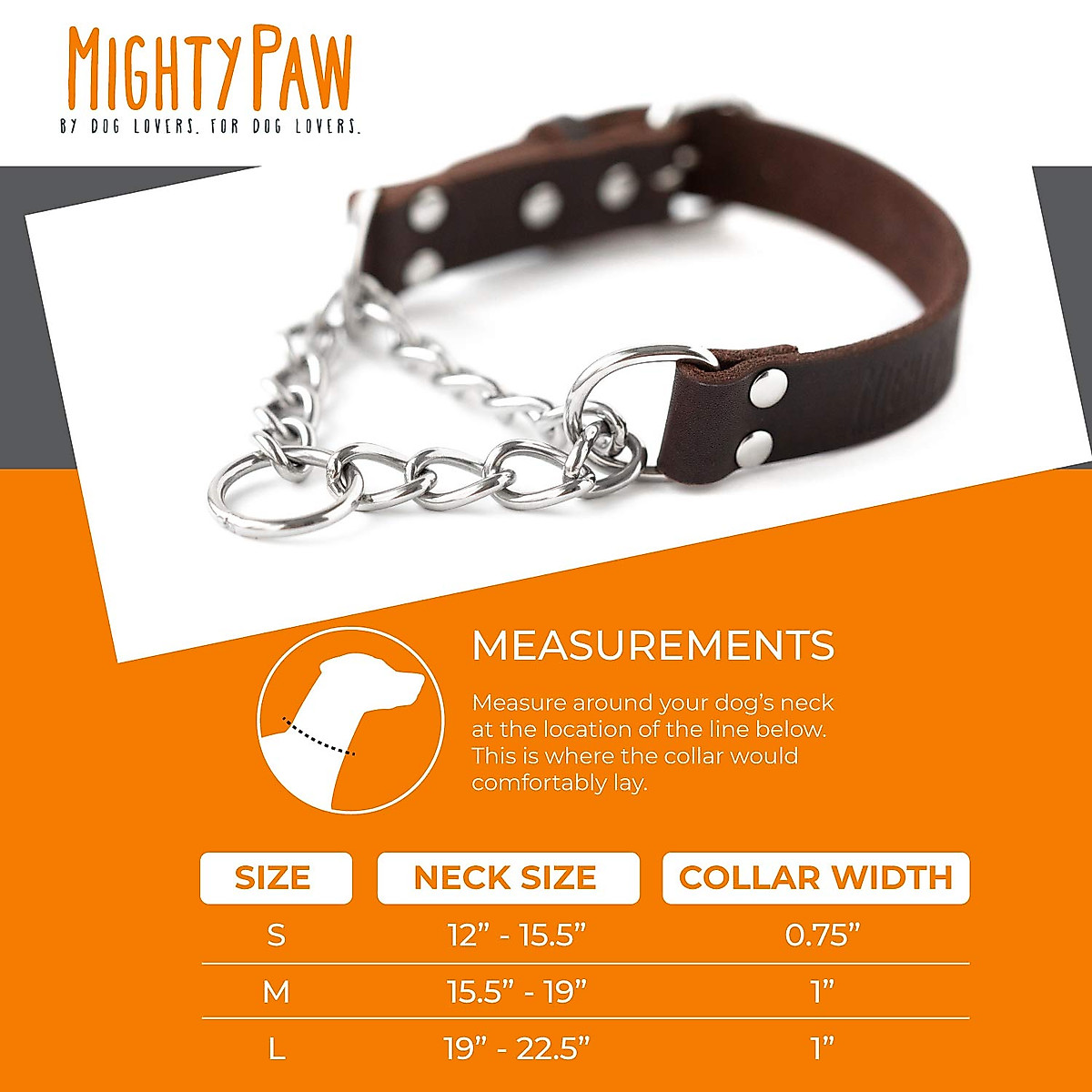 Mighty Paw Martingale Dog Collar - No Pull Design - Stainless Steel Chain - Limited Chain Cinch Training - Dog Collar Leather Martingale - Brown Leather Martingale Training Collar - Large Size Collar