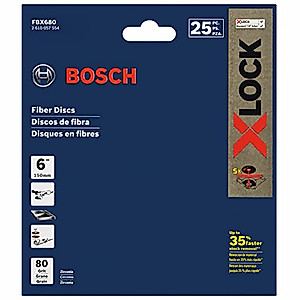 BOSCH FBX680 25-Pack 6 In. X-LOCK Medium Grit Abrasive Fiber Discs 80 Grit Compatible with 7/8 In. Arbor for Applications in Metal Surface Finishing, Weld Blending, Rust Removal