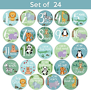 Baby Monthly Stickers | Zoo Animals Baby Milestone Stickers | Jungle Newborn Boy or Girl Stickers | Month Stickers for Baby Boy | Gender Neutral | Unisex Safari Newborn Monthly Milestones (Set of 24)