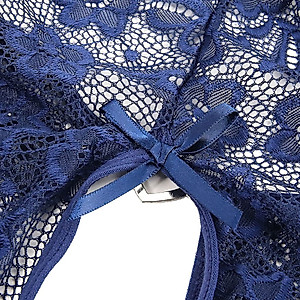 LadyIn Women's Sexy Lingerie One Piece Women Deep V Teddy Floral Lace Bodysuit Babydoll Navy Blue